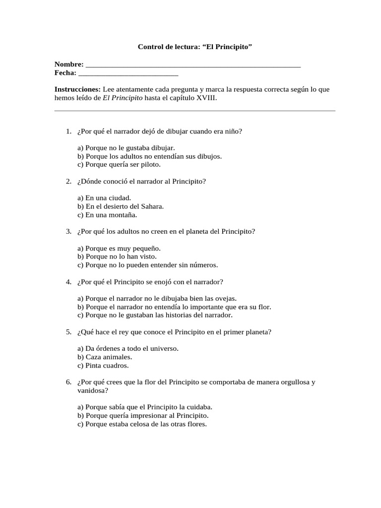 Control de Lectura El Principito | PDF | El Principito