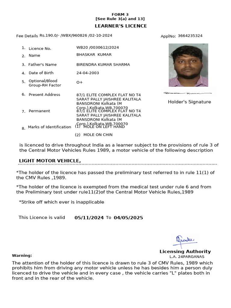 Form 3 Learner's Licence Details | PDF | Vehicles | Driving