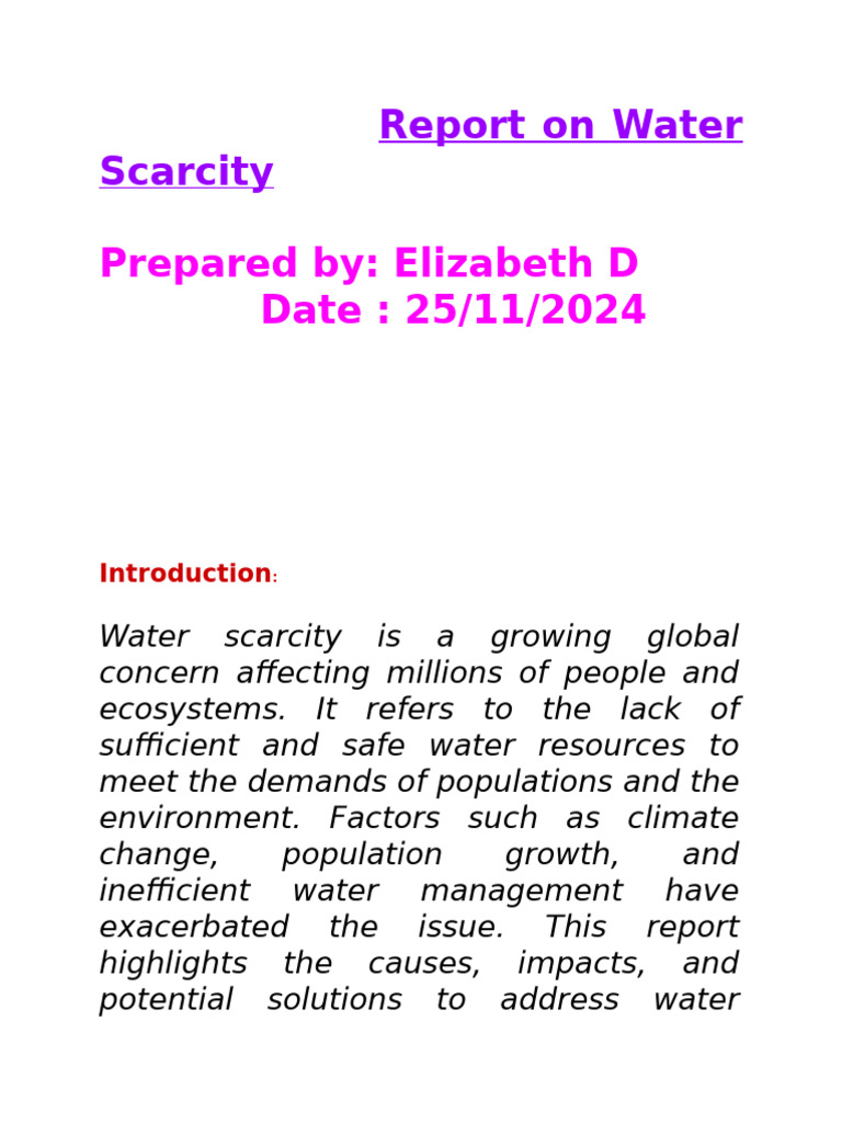 Report On Water Scarcity: Prepared By: Elizabeth D Date: 25/11/2024 ...