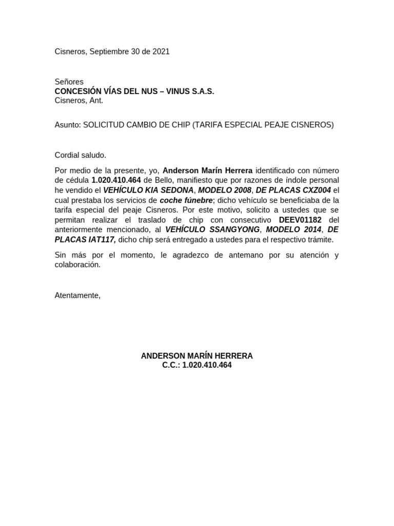 Carta Cambio de Chip | PDF | Cocina, comidas y vino | Tecnología