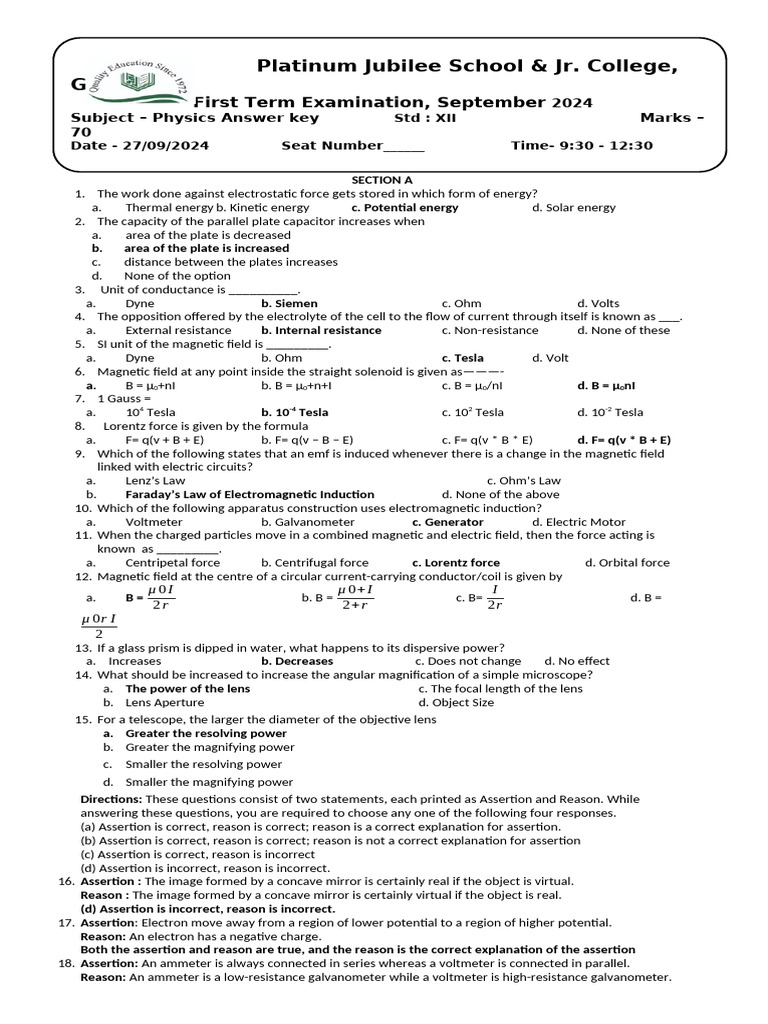Class 12 Physics Answer Key 1st Term 24 - 25sept | PDF | Electrical Resistance And Conductance ...
