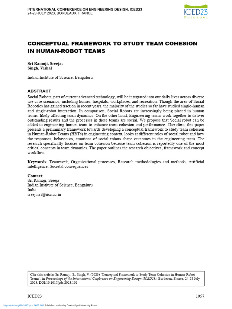 Conceptual Framework To Study Team Cohesion in Human Robot Teams | PDF ...