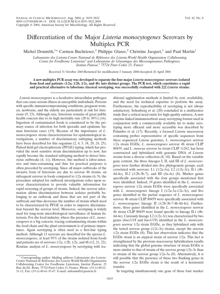 Differentiation of The Major Listeria Monocytogenes Serovars by ...