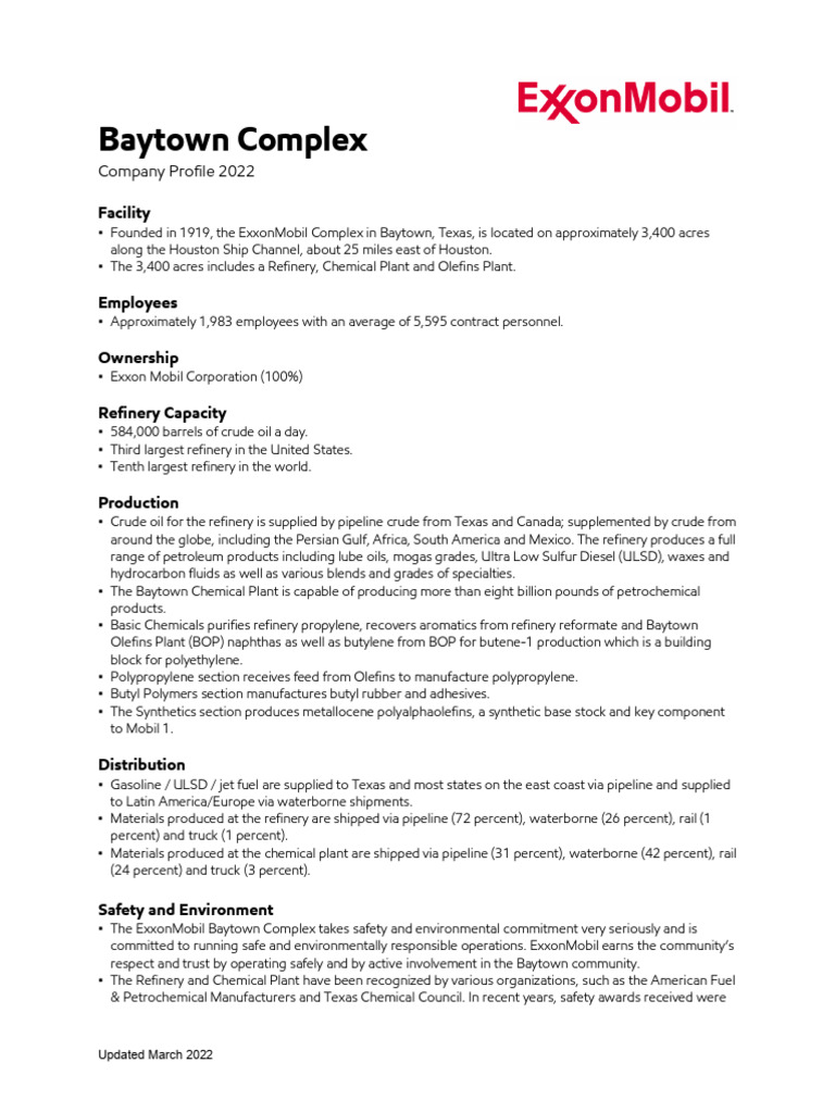 Baytown Complex 2022 Fact Sheet | PDF | Oil Refinery | Exxon Mobil