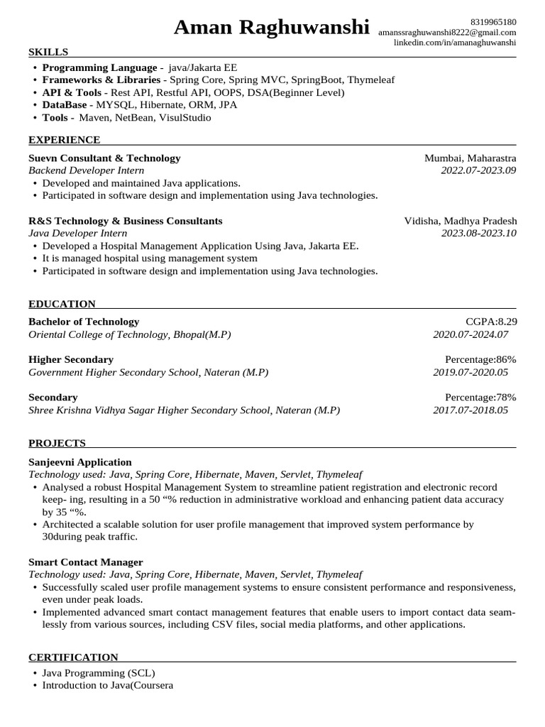 aman-resume | PDF | Java (Programming Language) | Spring Framework