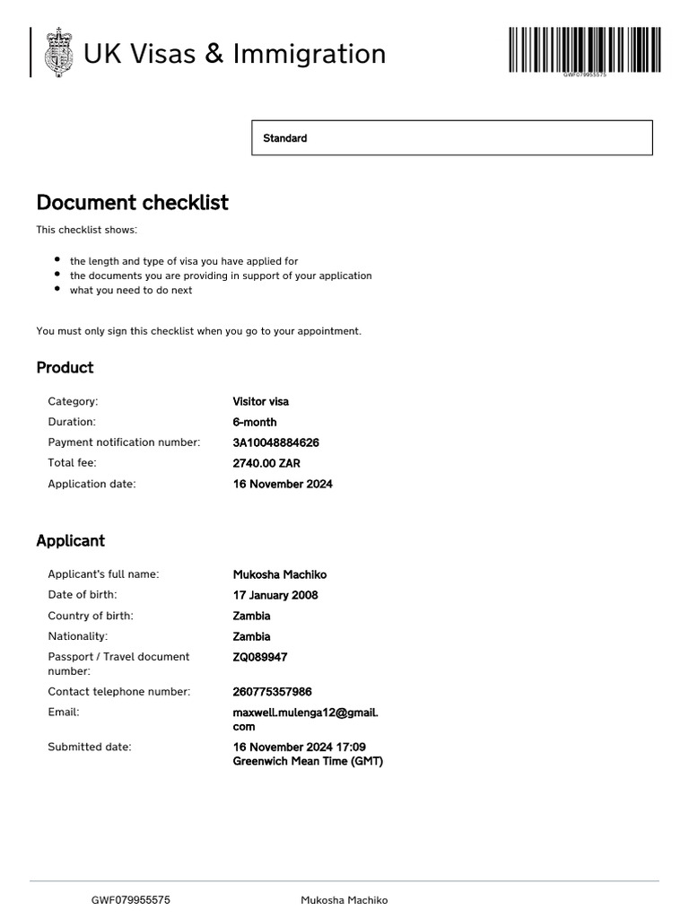 Machiko Mukosha 2024-11-16-17-09 Checklist | PDF | Travel Visa | Passport
