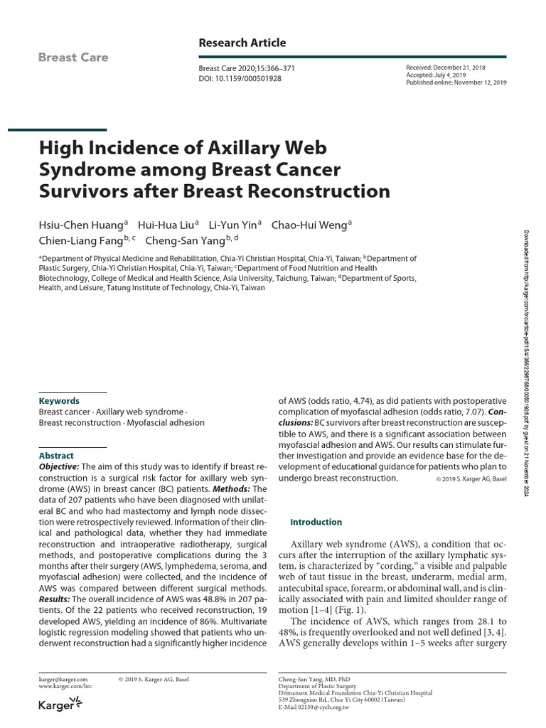 High Incidence of Axillary Web Syndrome Among Breast Cancer Survivors ...
