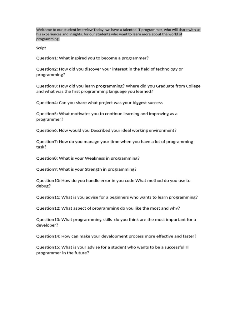 Welcome To Our Student Interview Today | PDF