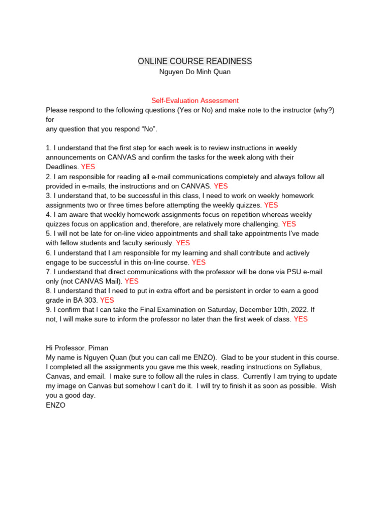 BA 303 Self-Assessment Evaluation | PDF