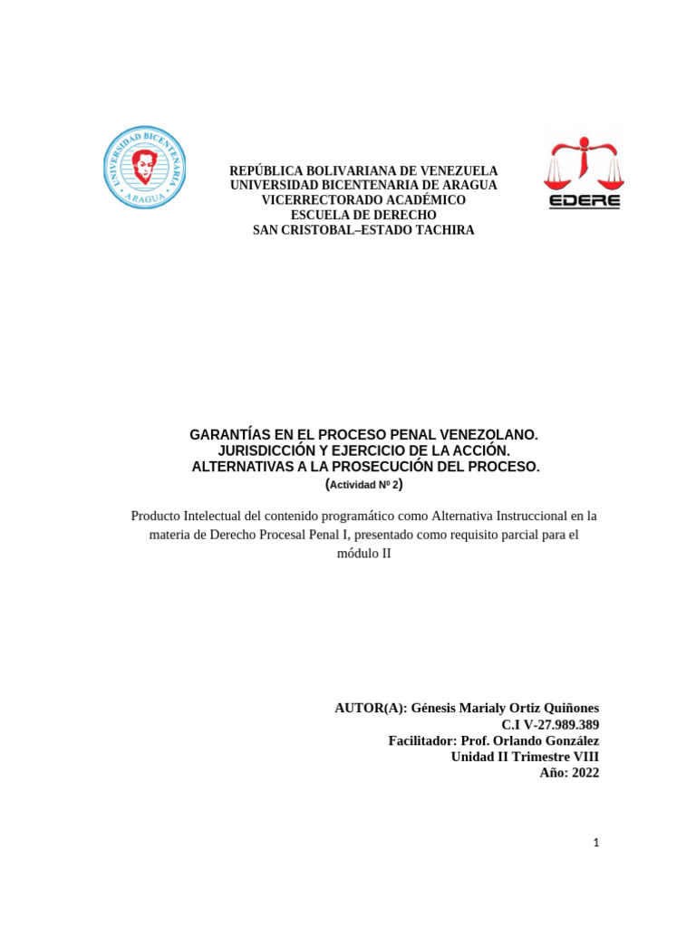 Genesis Ortiz Act N°2 Derecho Procesal Penal I | PDF | Jurisdicción ...