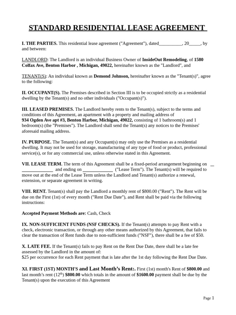 Michigan Standard Residential Lease Agreement | PDF | Leasehold Estate ...
