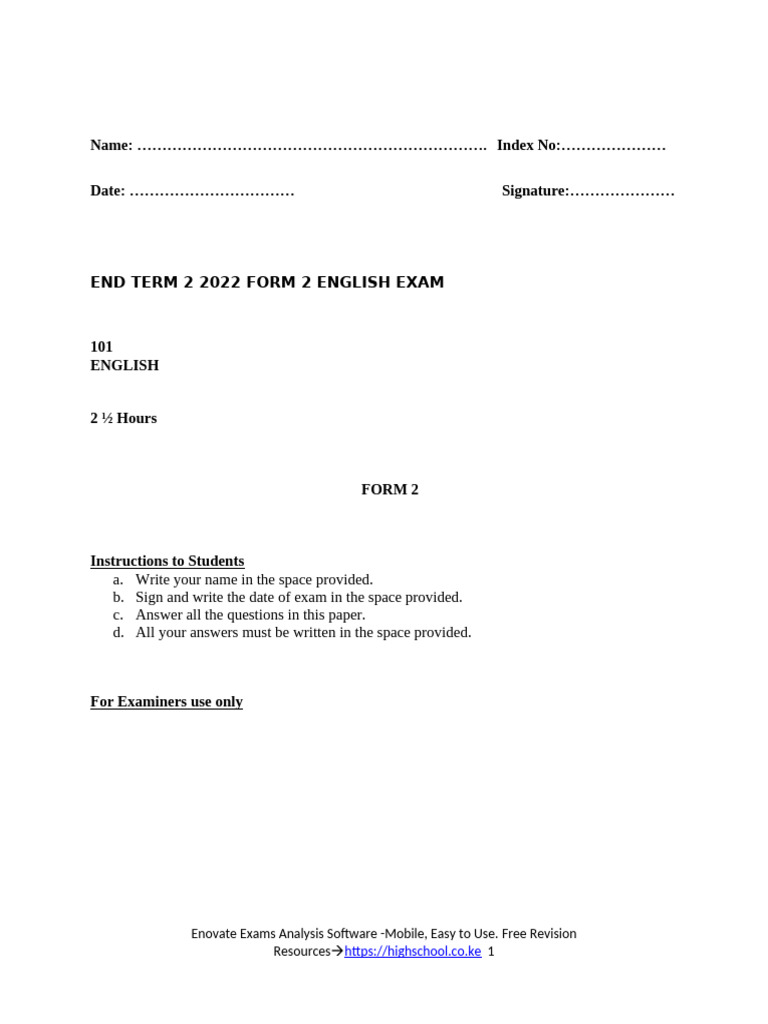 ENGLISH Form 2 Term 2 Joint Exam 2022 Questions | PDF | Gender | Gender ...