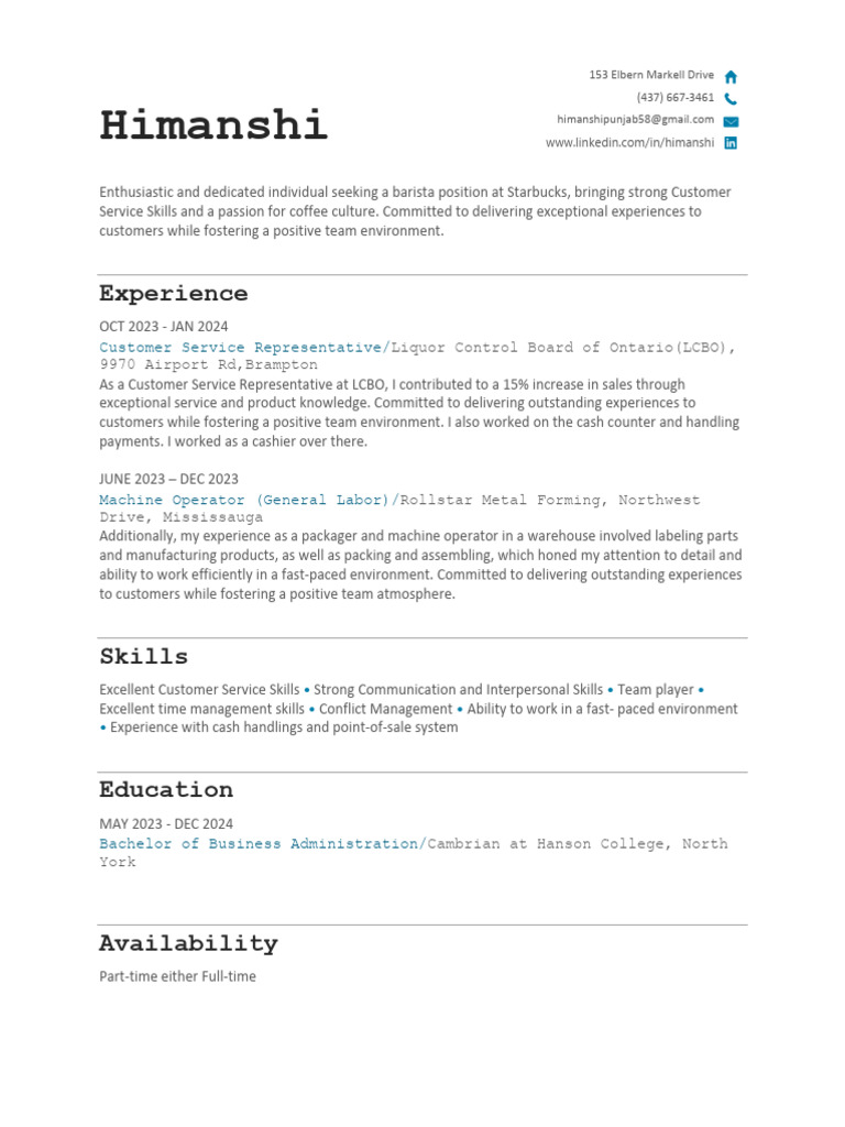 Starbucks Resume Himanshi | PDF