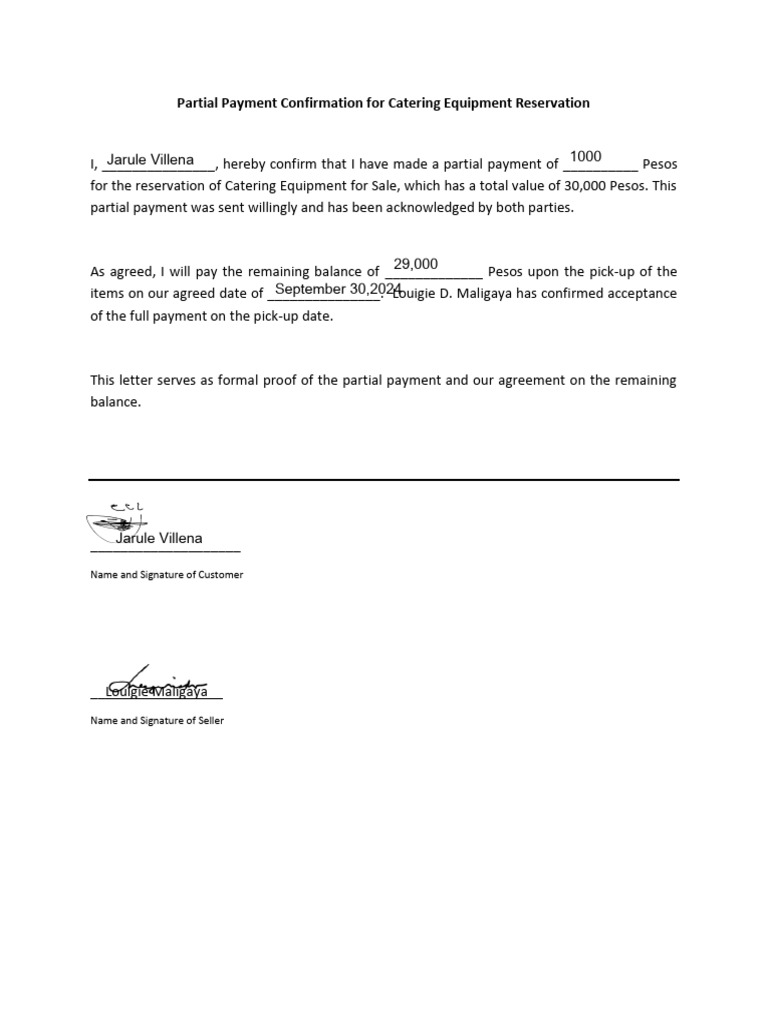 Partial Payment Confirmation for Catering Equipment | PDF