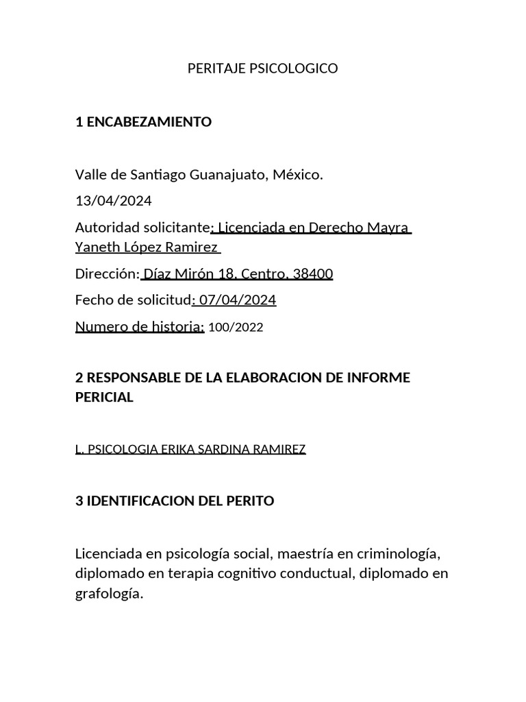 Informe de Peritaje Psicológico 2024 | PDF | Sicología | Diagnostico medico