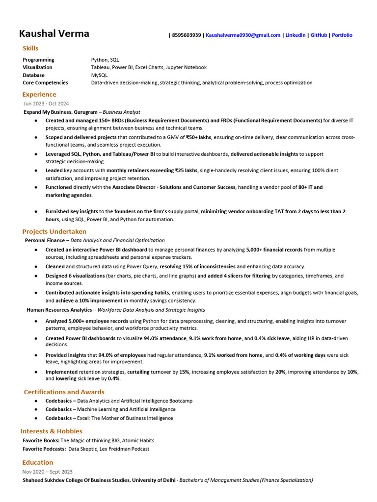 Kaushal DA Final Resume | PDF | Analytics | Business