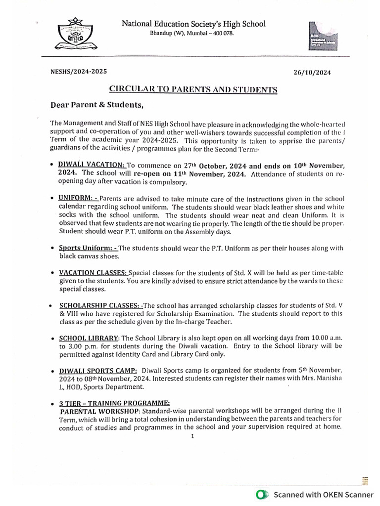 Circular To Parents & Students | PDF