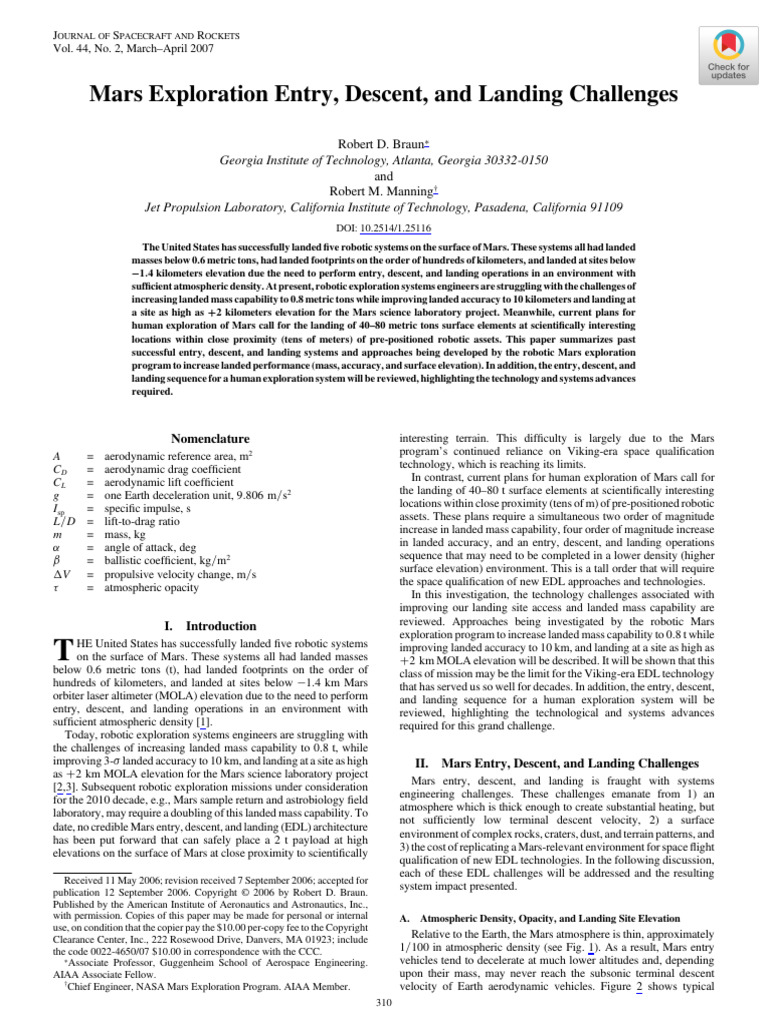 Mars Exploration Entry Descent And Landing Challenges Pdf
