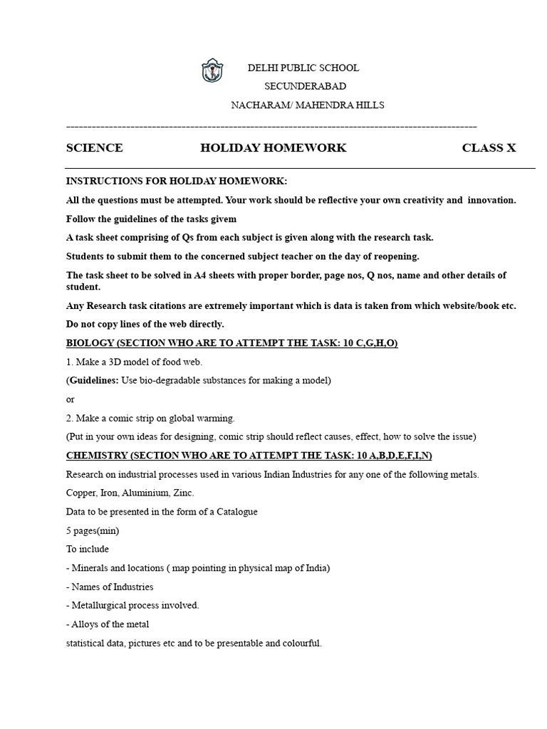 Science Holiday Homework Class X | PDF