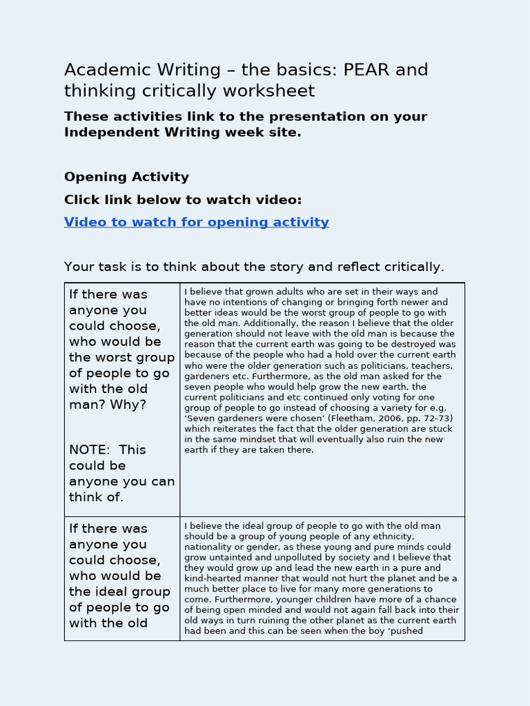 PEAR and Thinking Critically TASK SHEET - INDEPENDENT WRITING TASK ...