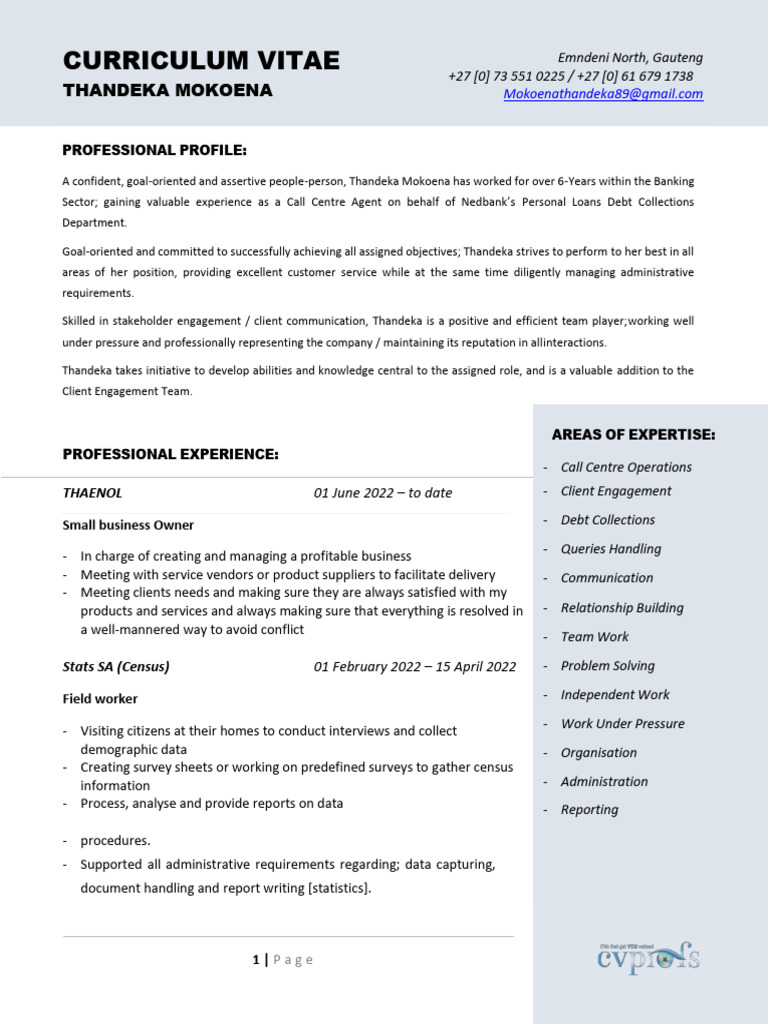 Professional CV of Thandeka Mokoena | PDF | Call Centre | Loans