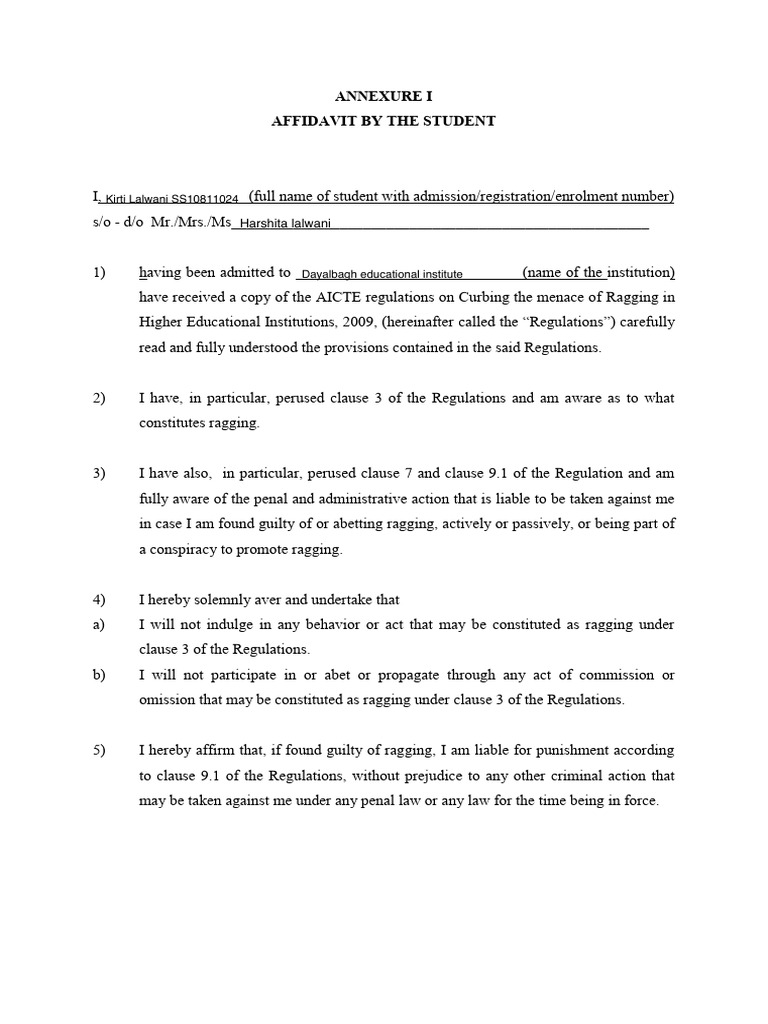 Anti Ragging Affidavit | PDF | Affidavit | Justice