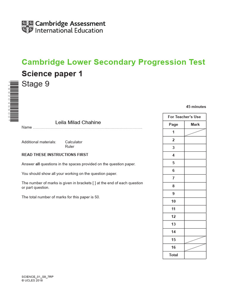 2018 Cambridge Lower Second Progression Test Science Stage 9 QP Paper 1 ...