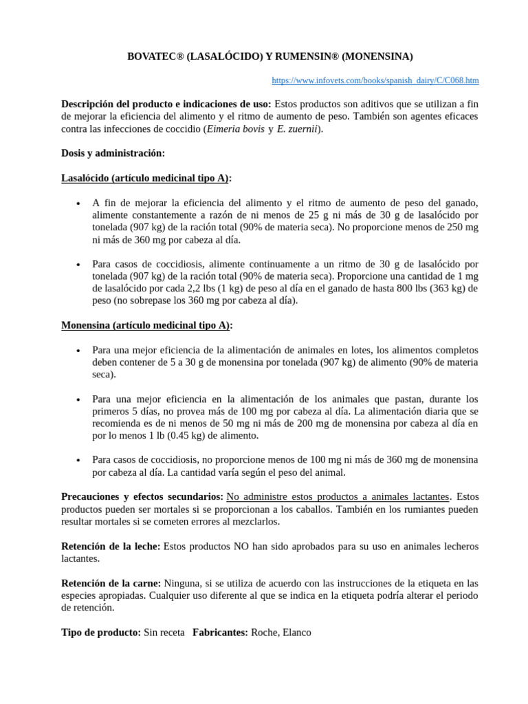 Bovatec® (Lasalócido) y Rumensin® (Monensina) | PDF | Alimentos