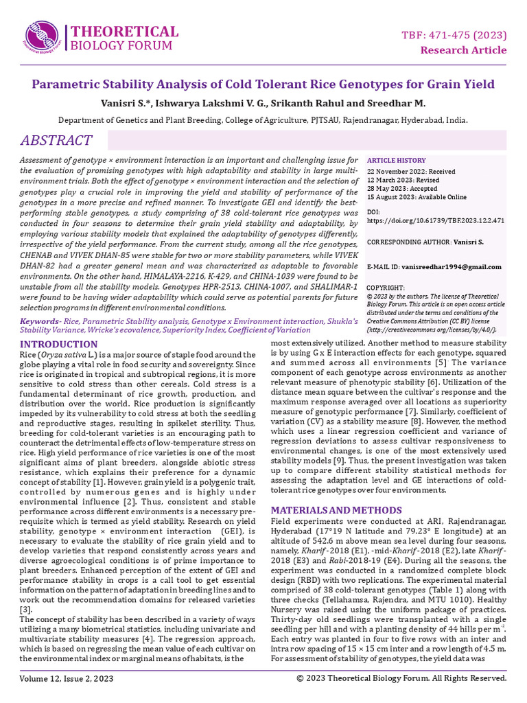 Parametric Stability Analysis of Cold Tolerant Rice Genotypes For Grain Yield | PDF | Regression ...