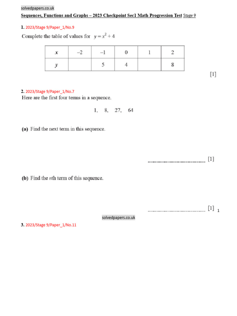 2023 Sequences Functions and Graphs Checkpoint - Sec1 - Math - Progression - Stage 9 | PDF