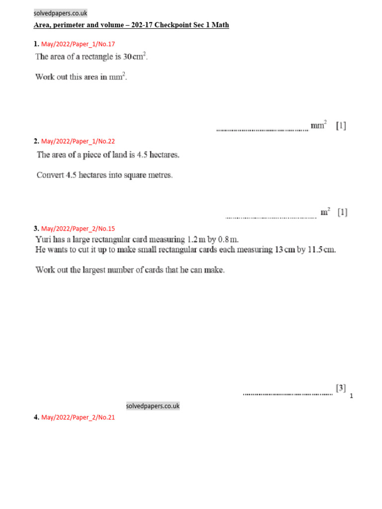 2022 - 17 Area Perimeter and Volume Checkpoint - Sec - 1 Mathematics ...
