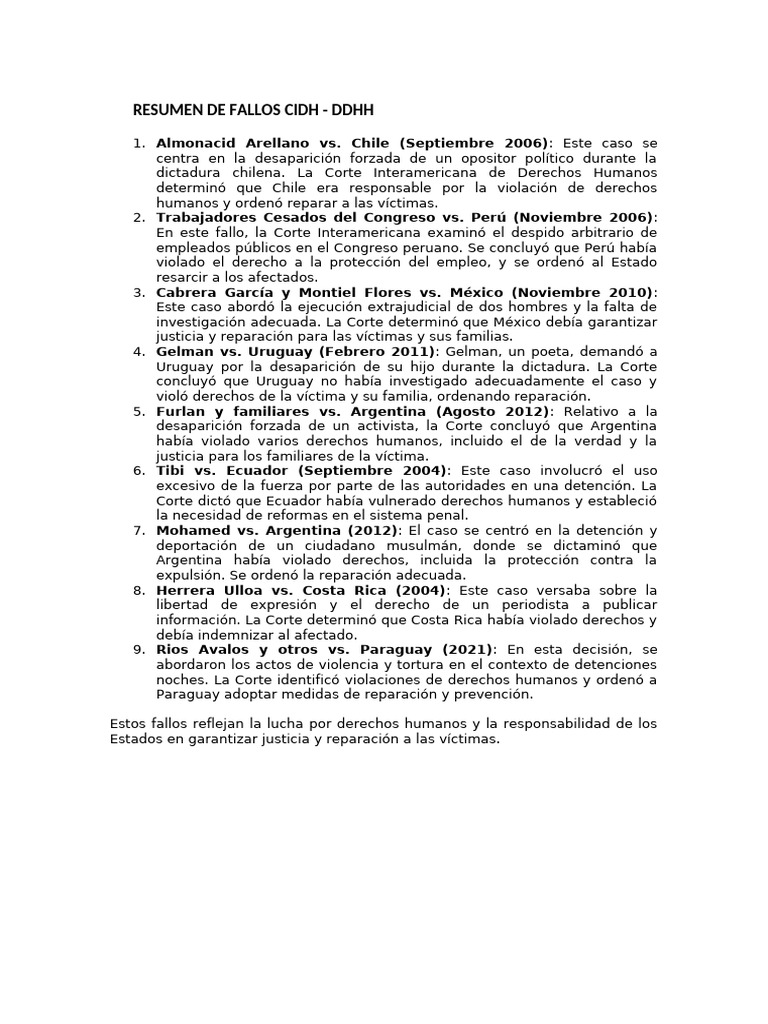 Resumen de Fallos Cidh | PDF | Violación | Derechos humanos