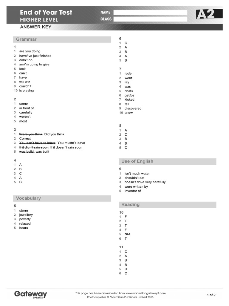 A2 End of Year Test Answer Key Higher | PDF