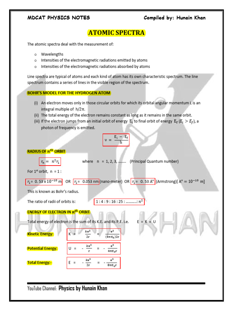 Sindh MDCAT Atomic Spectra - MDCAT Physics Notes by HK | PDF ...