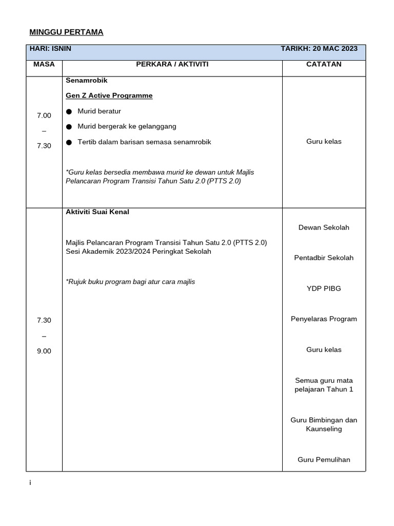 Jadual Transisi Tahun Satu Sesi Akademik 2023-2024 | PDF
