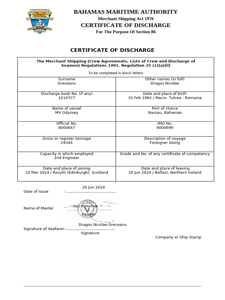 Certificate of Discharge - Dragos Greceanu | PDF