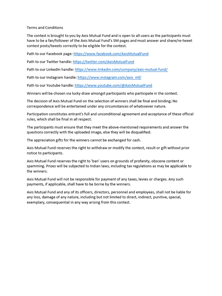 Axis Mutual Fund Contest Terms & Conditions | PDF | Business