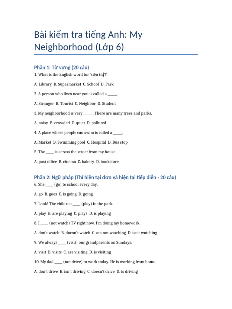 Bai Kiem Tra My Neighborhood Lop 6 | PDF