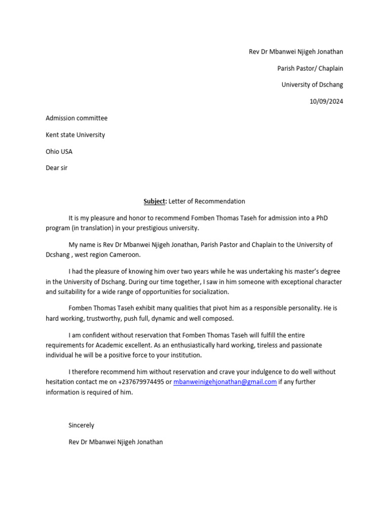 Rev DR Mbanwei Njigeh Jonathan Letter of Recomendation | PDF | Self ...