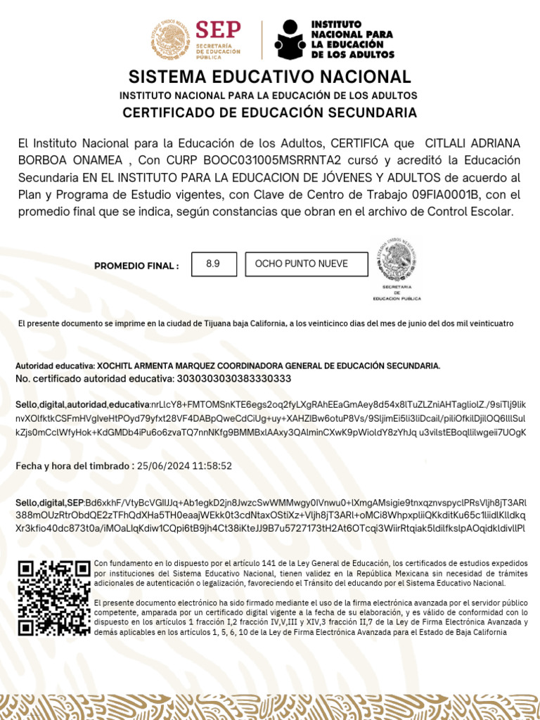 Certificado de Secundaria de Citlali Onamea | PDF