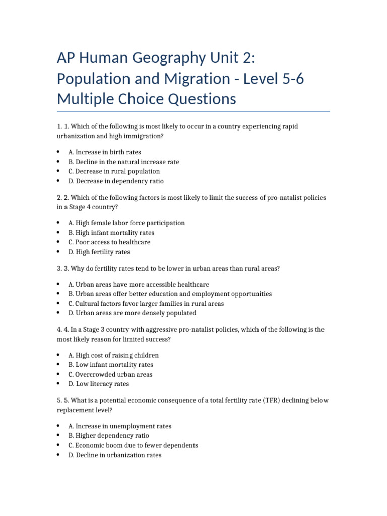 APHG Unit2 Level5-6 MCQ Answers | PDF | Total Fertility Rate | Immigration