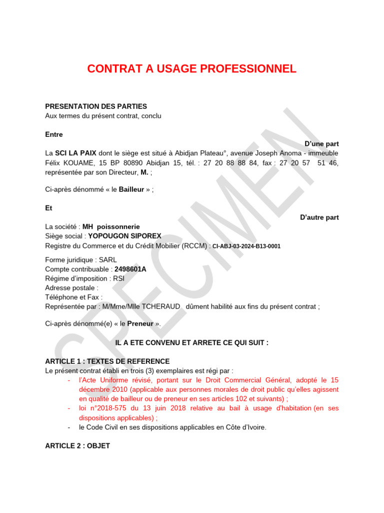 Contrat de Bail Professionnel en Côte d'Ivoire | PDF | Droits de ...