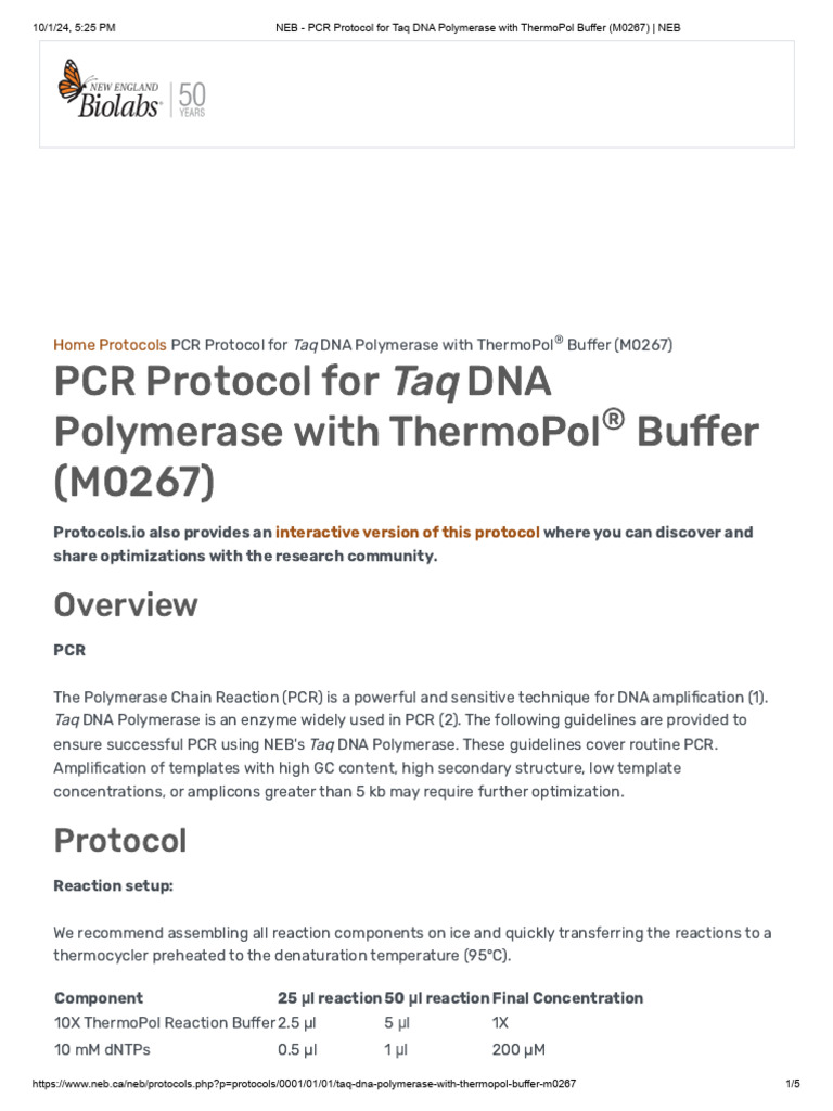NEB - PCR Protocol For Taq DNA Polymerase With ThermoPol Buffer (M0267 ...