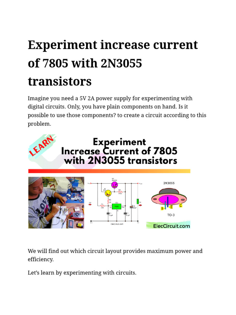 Experiment Increase Current of 7805 With 2N3055 Transistors | PDF | Bipolar Junction Transistor ...