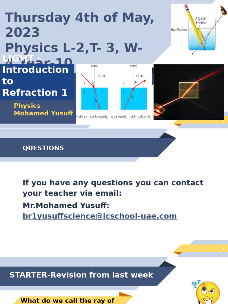 Yr-10-W4, L2, T3, Physics, 22-23 | PDF | Refraction | Light