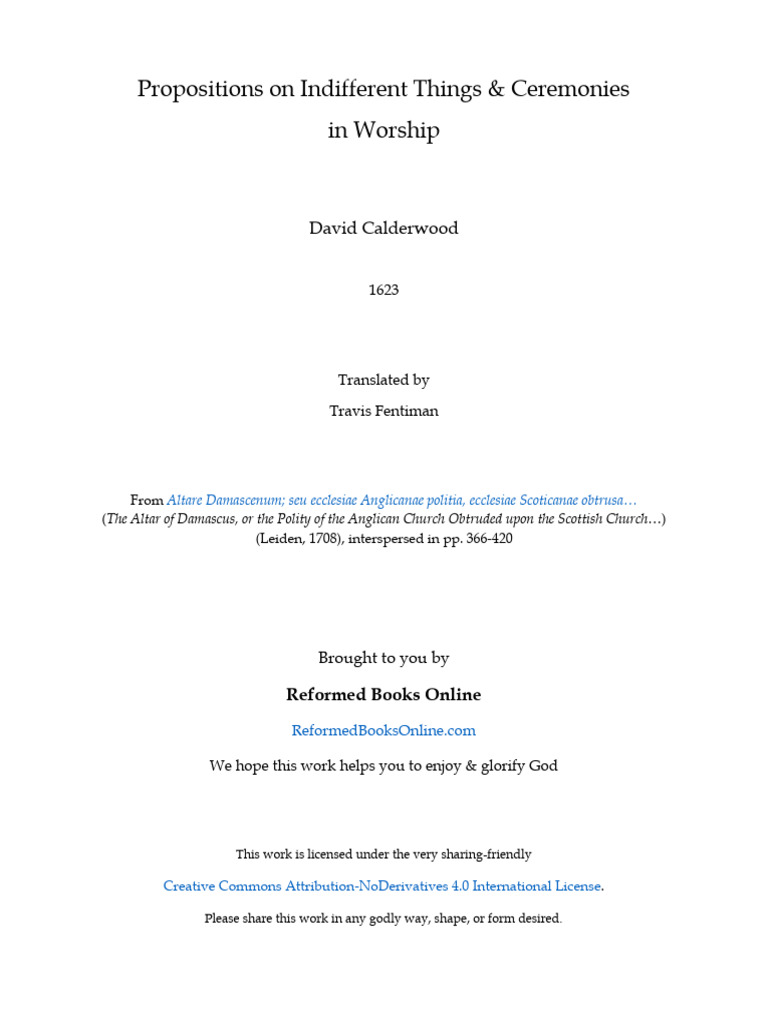 Calderwood, David - Propositions On Indifferent Things and Ceremonies ...