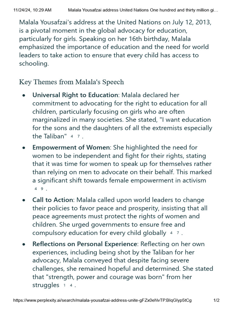 Malala Addresses Unites Nations | PDF | Malala Yousafzai