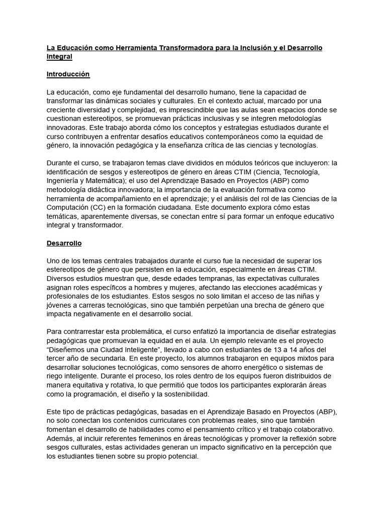 La Educación Como Herramienta Transformadora para La Inclusión y El Desarrollo Integral | PDF ...