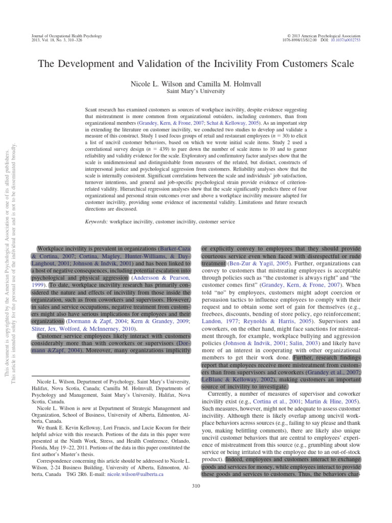 2013 - Wilson&Holmvall - Customer Incivility Scale | PDF | Aggression ...