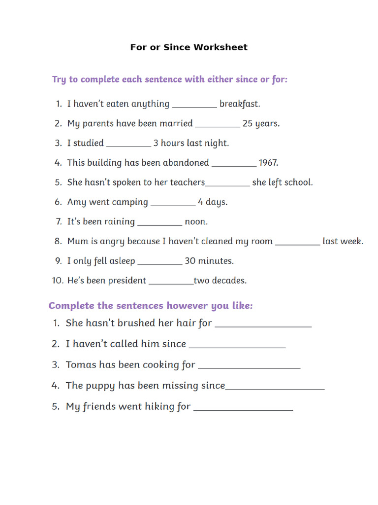 For or Since Worksheet | PDF